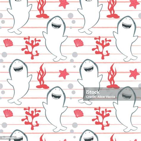 상어 조개 산호와 불가사리와 귀여운 귀여운 만화 여름 해양 줄무늬 원활한 벡터 패턴 배경 그림 귀여운에 대한 스톡 벡터 아트 및 기타 이미지 Istock