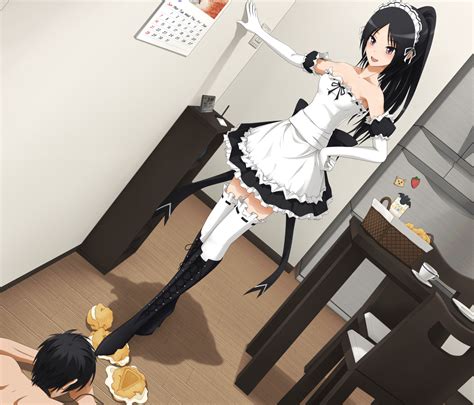 Apron Blackhair Blush Boots Breasts Cleavage Drink Elbowgloves Food