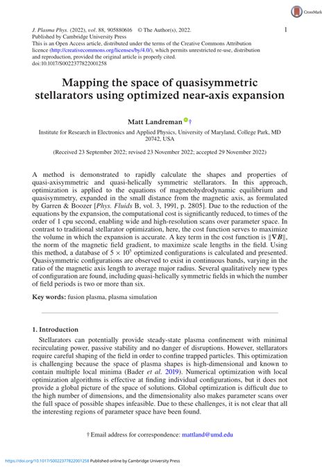 Pdf Mapping The Space Of Quasisymmetric Stellarators Using Optimized Near Axis Expansion