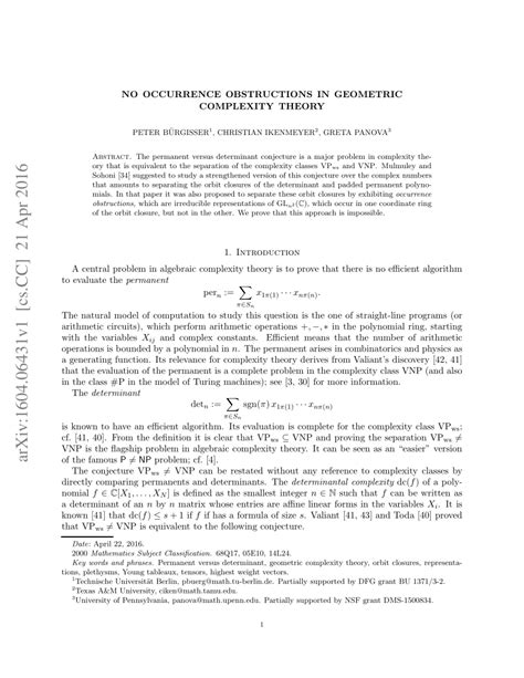 Pdf No Occurrence Obstructions In Geometric Complexity Theory
