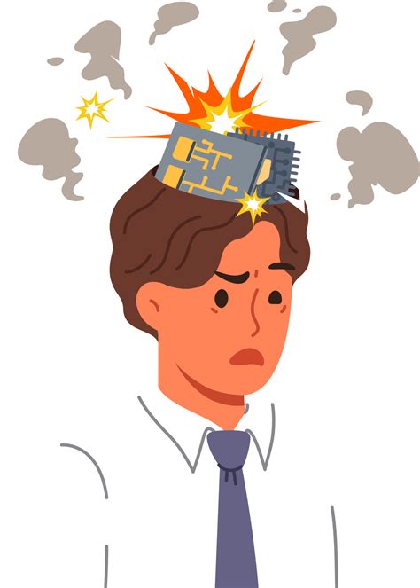 man robot with exploding computer boards in head due to overload with work tasks bionic robot