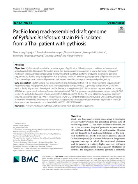 Pdf Pacbio Long Read Assembled Draft Genome Of Pythium Insidiosum Strain Pi S Isolated From A