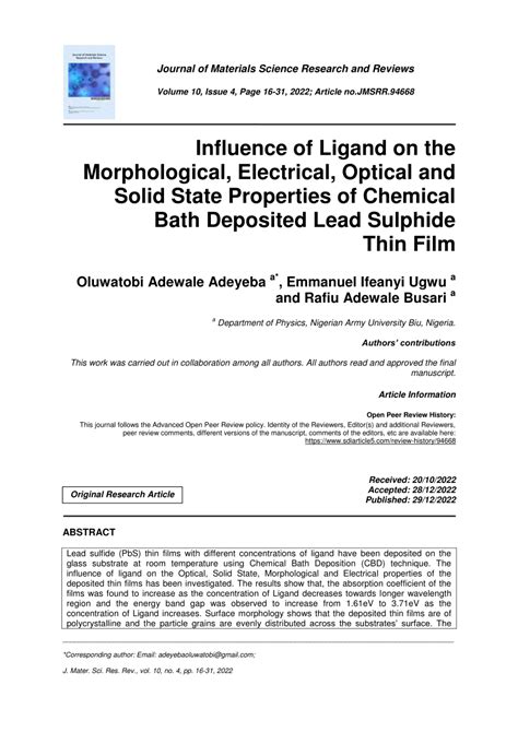 Pdf Influence Of Ligand On The Morphological Electrical Optical And Solid State Properties