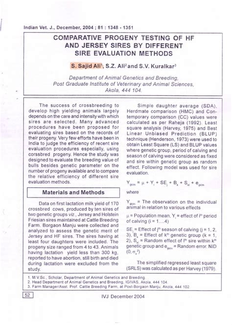 Pdf Comparative Progeny Testing Of Hf And Jersey Sires By Different Sire Evaluation Methods