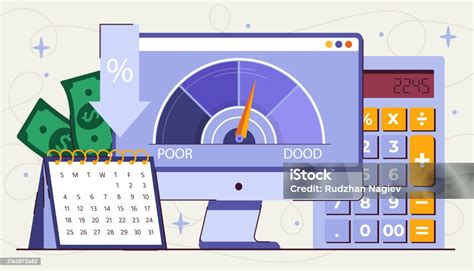 신용 점수 개념 계산기 근처의 컴퓨터 모니터 금융 이해력 예산 및 회계 은행 게이지 표시기 프로그램 평면 벡터 일러스트 레이 션 검사 보기에 대한 스톡 벡터 아트 및 기타