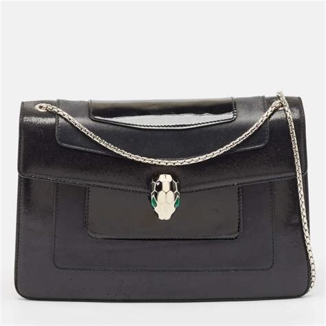 Bvlgari Black Leather And Patent Leather Medium Serpenti Forever Flap