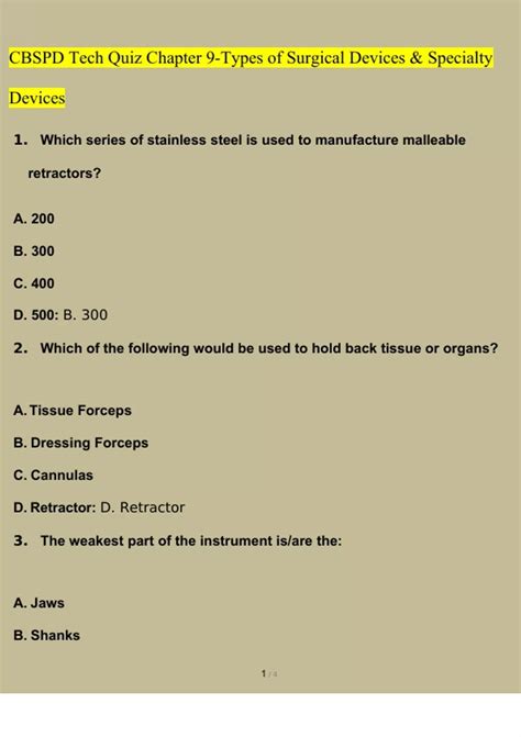Cbspd Tech Quiz 2025 Chapter 9 Types Of Surgical Devices And Specialty Devices 100 Questions And