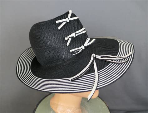 Vintage Wide Brim Hat Black And White Straw With Bows 1960s 14 Inches