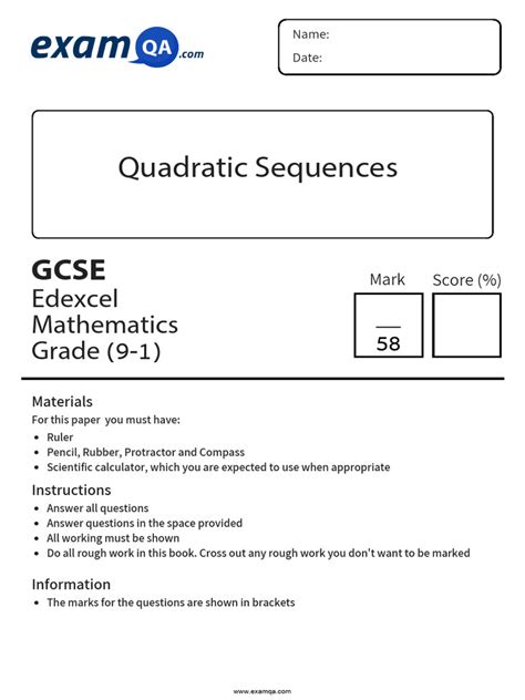 Gcse Quadratic Sequences Worksheet Pdf Elementary Mathematics Mathematics