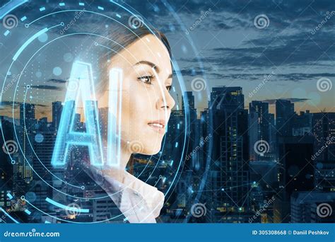 Portrait Of Attractive Young Businesswoman With Glowing Round Ai