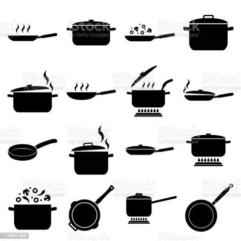 프라이팬과 팬 세트 아이콘 흰색 배경에 격리 된 로고 요리 구이 음식 아이콘에 대한 스톡 벡터 아트 및 기타 이미지 아이콘