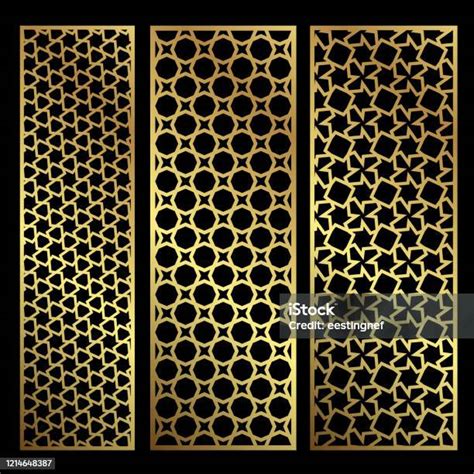 장식기하학적인 아랍어 패턴으로 설정된 컷아웃 실루엣 패널 인쇄 레이저 절단 스텐실 조각을위한 템플릿 벡터 그림입니다 0명에 대한 스톡 벡터 아트 및 기타 이미지 Istock