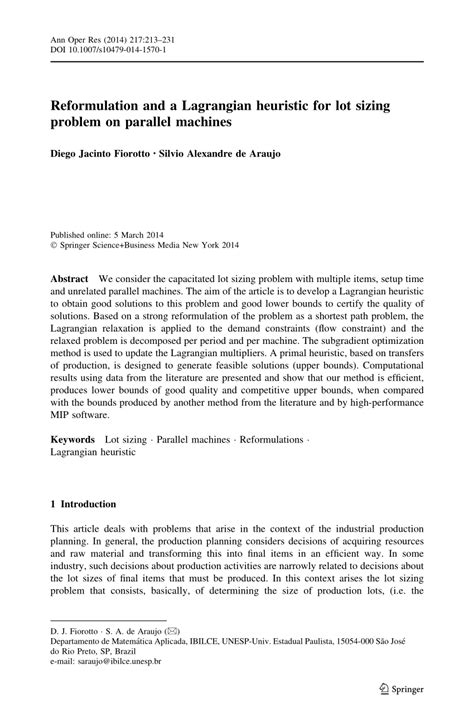 Pdf Reformulation And A Lagrangian Heuristic For Lot Sizing Problem On Parallel Machines