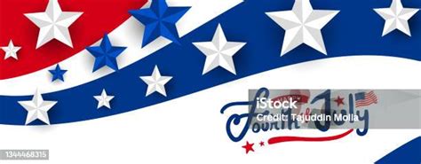 7월 4일 미국 국기 색파에 스타와 미국 국기가 있는 해피 핸드 레터링 디자인과 브로셔 포스터 또는 배너를 위한 3d 스타 프로모션 광고 배너 템플릿 벡터 그림입니다 3차원