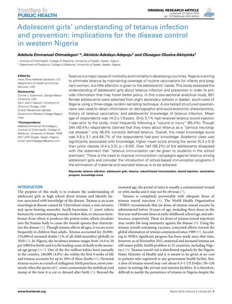 Pdf Adolescent Girls Understanding Of Tetanus Infection And Prevention Implications For The