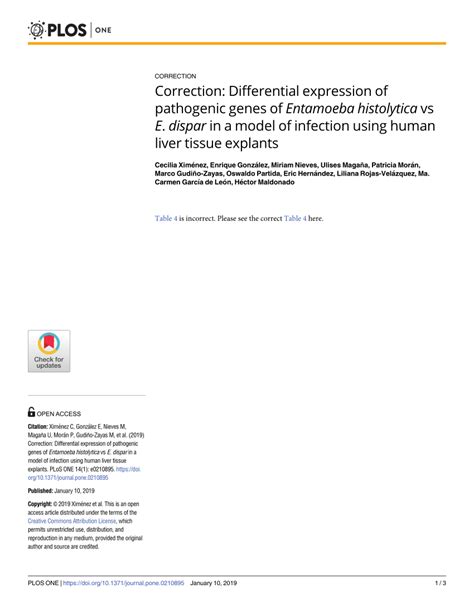 Pdf Correction Differential Expression Of Pathogenic Genes Of Entamoeba Histolytica Vs E