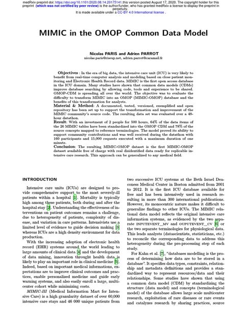 mimic in the omop common data model pdf databases intensive care unit