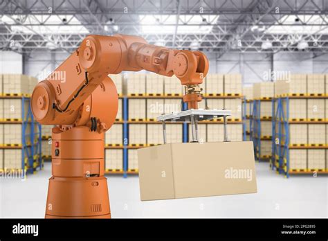 Automation Factory Or Cargo Concept With 3d Rendering Robotic Arm Carry Cardboard Box In