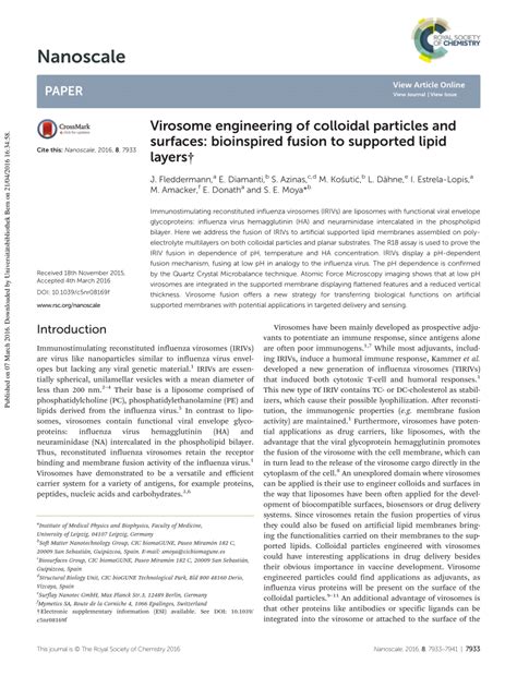 Pdf Virosome Engineering Of Colloidal Particles And Surfaces Bioinspired Fusion To Supported