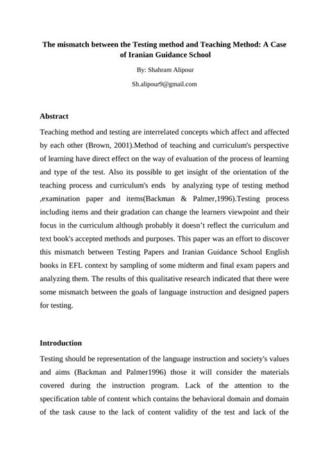 Pdf The Mismatch Between The Testing Method And Teaching Method A Case Of Iranian Guidance School