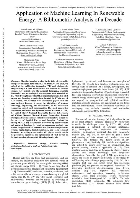 Pdf Application Of Machine Learning In Renewable Energy A Bibliometric Analysis Of A Decade