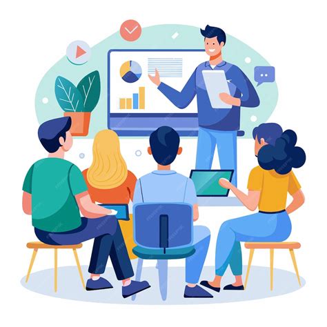 Premium Vector A Man Standing And Presenting To A Group Of Diverse