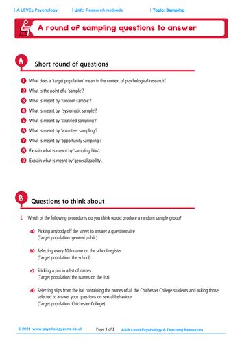 Aqa Psychology Research Methods Sampling Teaching Resources