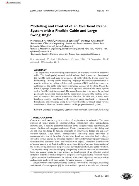 Fatehi Et Al 2014 Modelling And Control Of An Overhead Crane System With A Flexible Cable And