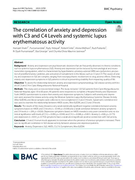 Pdf The Correlation Of Anxiety And Depression With C3 And C4 Levels And Systemic Lupus