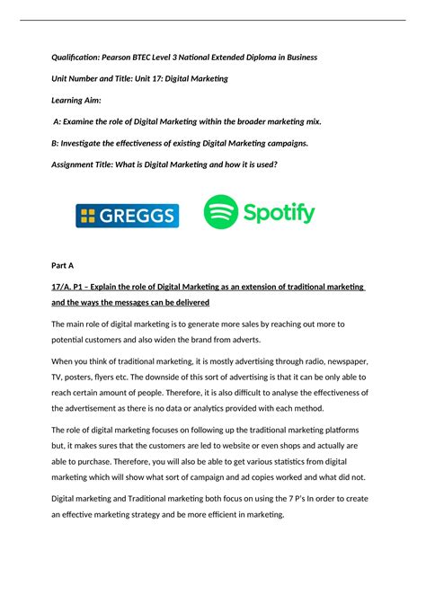 2022 Distinction Pearson Btec Level 3 Unit 17 Digital Marketing Assignment 1 Unit 17