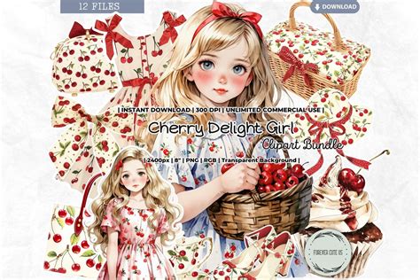 Cherry Delight Girl Clipart Cute Kawaii Retro Dress Teacup Bow Fruit Spring Summer
