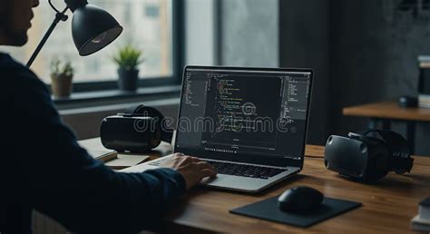 Coding On Laptop With Vr Headsets On Desk At Home Stock Illustration Illustration Of Work