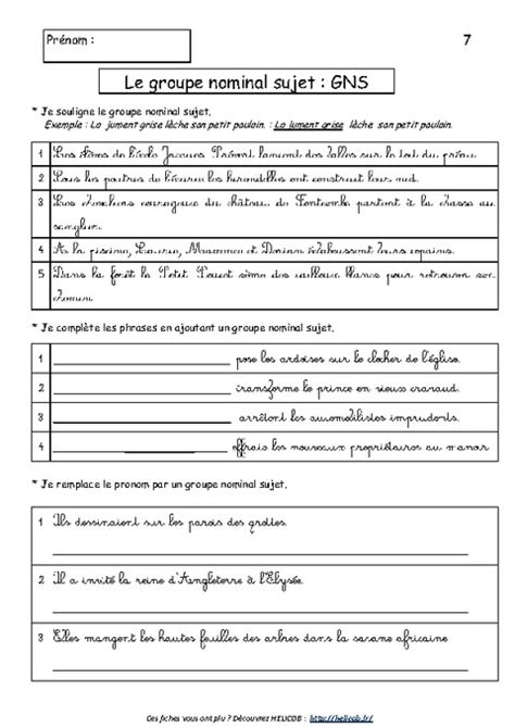 Groupe nominal sujet GNS Cm Cm Exercices corrigés Pass Education