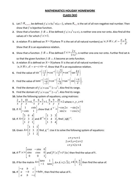 Mathematics Holiday Homework Class Xii Pdf Function Mathematics