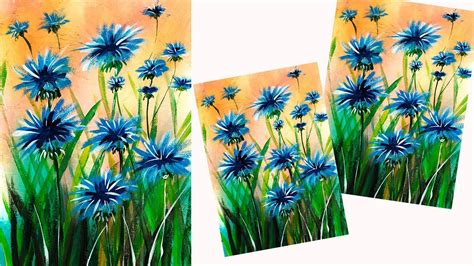 Как нарисовать васильки Как нарисовать полевые цветы Нарисуем пейзаж гуашью Рисуем лето