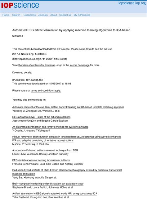 Pdf Automated Eeg Artifact Elimination By Applying Machine Learning Algorithms To Ica Based