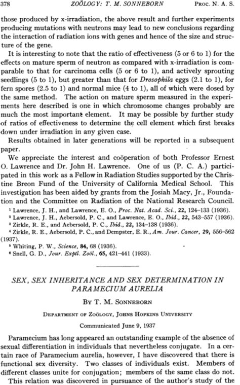 Sex Sex Inheritance And Sex Determination In Paramecium Aurelia PNAS