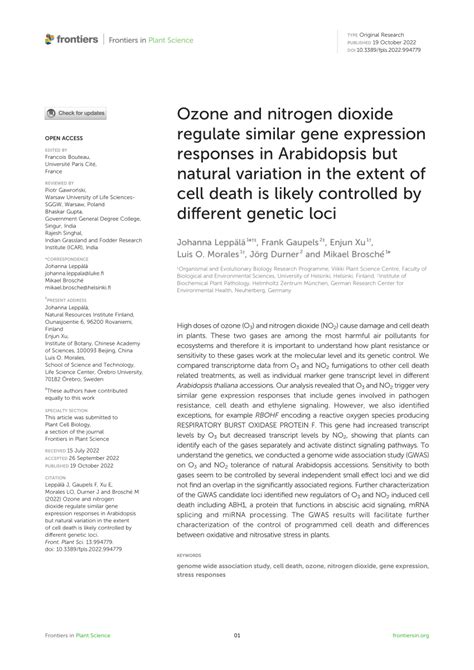 Pdf Ozone And Nitrogen Dioxide Regulate Similar Gene Expression Responses In Arabidopsis But