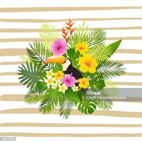 열 대 여름 디자인입니다 엽서나 포스터 큰부리새 종 려 나뭇잎 열 대 식물 꽃 0명에 대한 스톡 벡터 아트 및 기타 이미지 0명 개체 그룹 꽃 나무 Istock