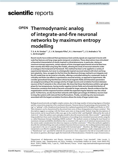 Pdf Thermodynamic Analog Of Integrate And Fire Neuronal Networks By Maximum Entropy Modelling