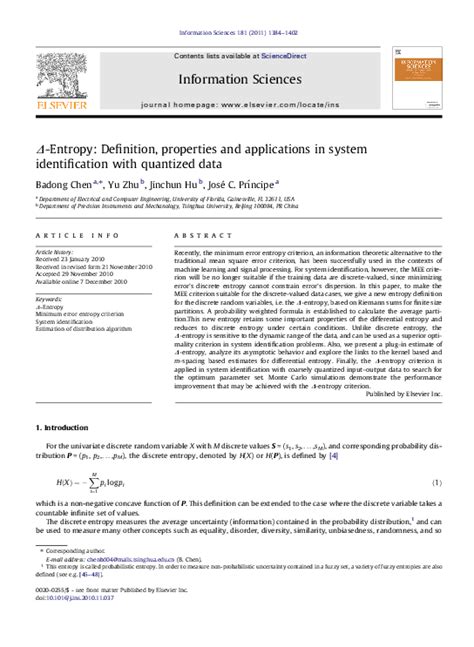 Pdf Δ Entropy Definition Properties And Applications In System Identification With Quantized