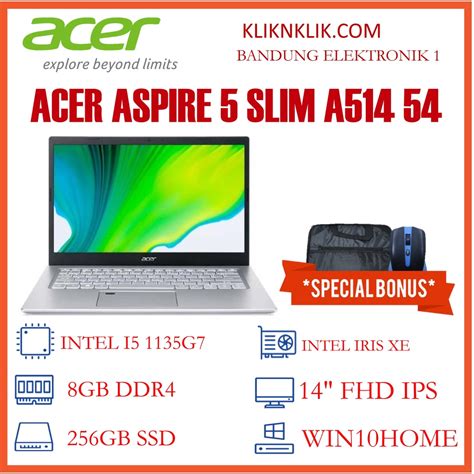 Jual LAPTOP KERJA MURAH ACER ASPIRE 5 SLIM A514 54 INTEL CORE I5 1135G7 8GB 256GB 512GB GOLD