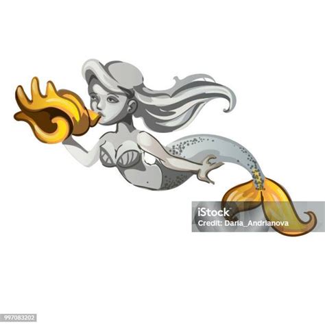 골든 플리퍼와 조개 흰색 배경에 고립 된 인 어의 대리석 조각 벡터 만화일러스트 레이 션 가공의 인물에 대한 스톡 벡터 아트 및 기타 이미지 Istock