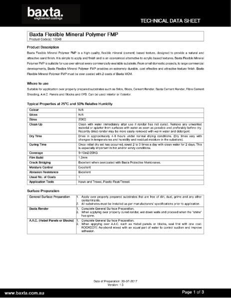 Technical Data Sheet Flexible Mineral Polymer Baxta Industries Pty Ltd NBS Source
