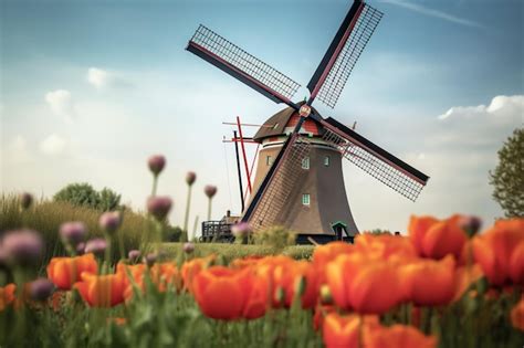 Premium Ai Image A Windmill In A Field Of Flowers