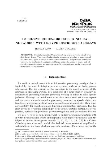 Pdf Impulsive Cohen Grossberg Neural Networks With S Type Distributed Delays