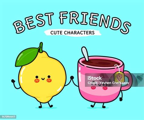 귀엽고 재미있는 행복한 차와 레몬 캐릭터 벡터 손으로 그린 만화 Kawaii 캐릭터 그림 아이콘입니다 차와 레몬 친구들의 재미있는 만화 한잔 개념 음식에 대한 스톡 벡터