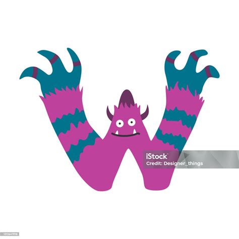 몬스터 알파벳 기호 괴물 모양의 영어 알파벳의 문자 W 흰색 배경에 고립 된 어린이 다채로운 만화 재미있는 가상의 캐릭터 0명에 대한 스톡 벡터 아트 및 기타 이미지