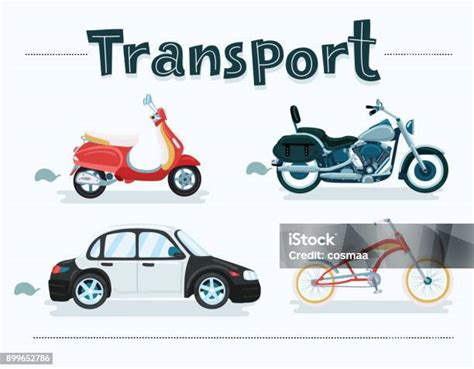 다른 차는 다른 풍경 도시 자연에 설정합니다 자전거 자동차 오토바이 스쿠터 반 벡터 일러스트 레이 션의 두 종류 고속도로에 대한