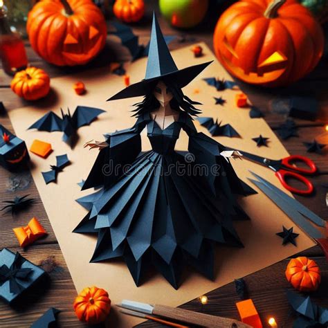 Witch Origami Happy Halloweena Black Dressed Witch Origami Stock